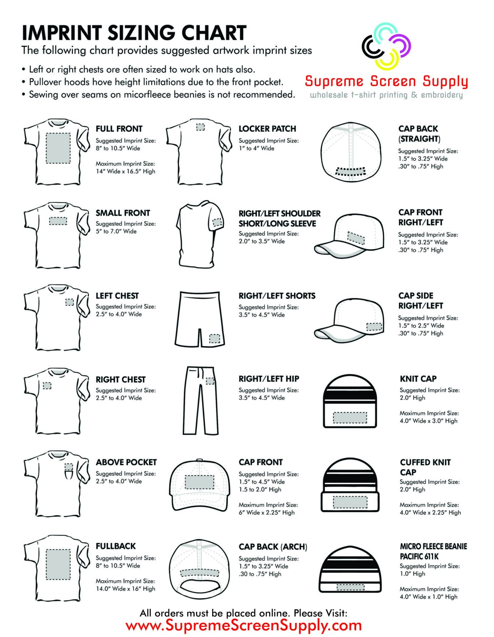 Imprint Size Chart - Supreme Screen Supply
